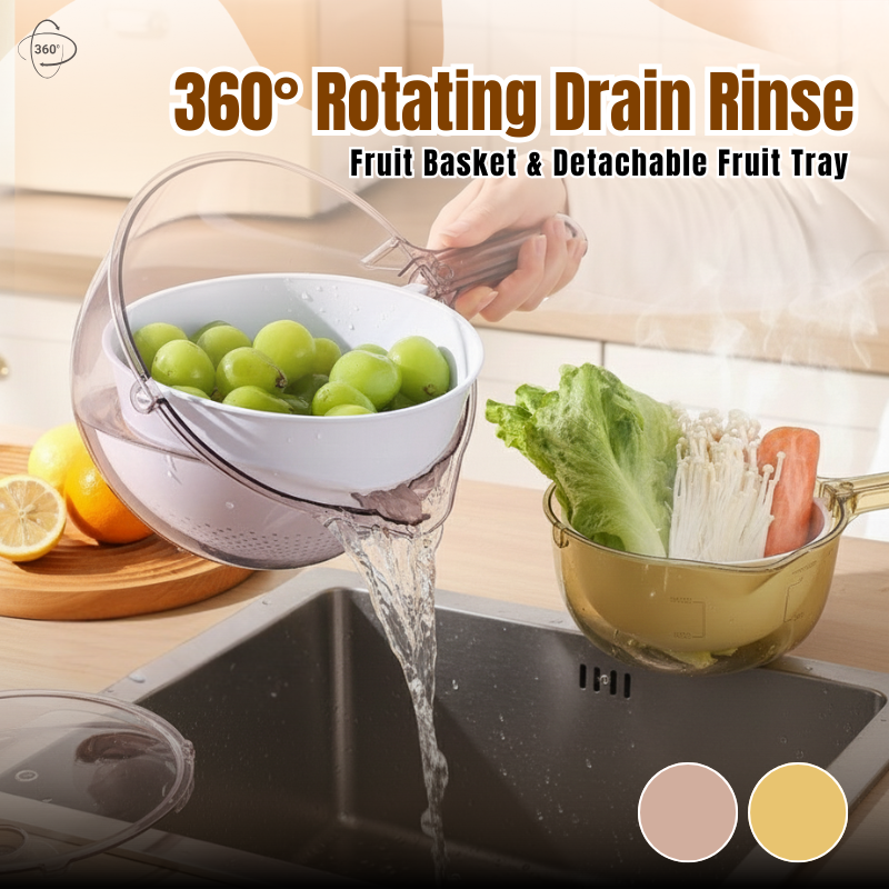 Avaleric® 360° Rotating Drain Rinse Fruit Basket & Detachable Fruit Tr